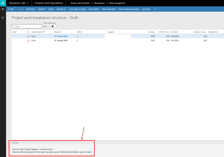 Data import related error when importing Project work breakdown structure – Draft entity in ...